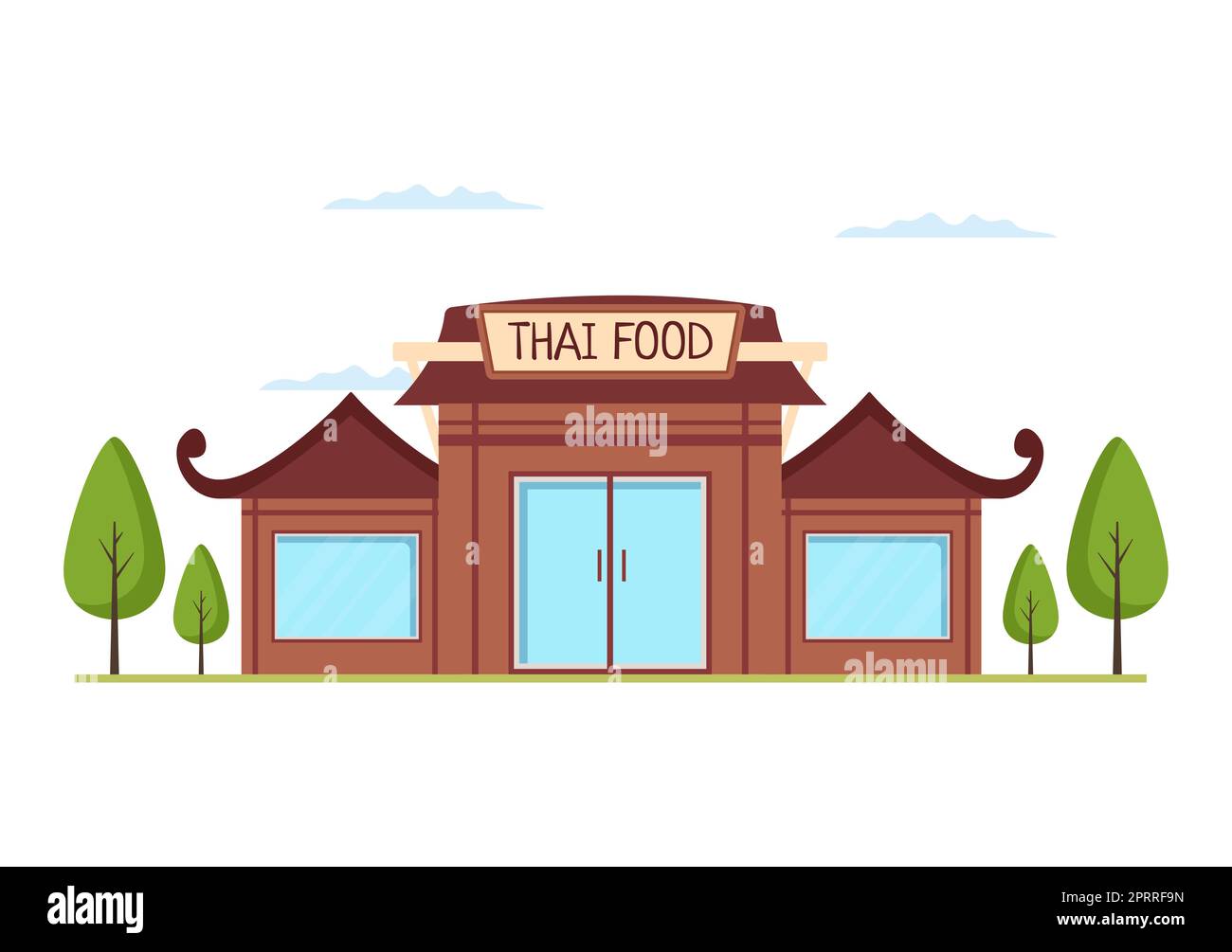 Traditional Thai Food Restaurant Or Cafe Building Template Hand Drawn