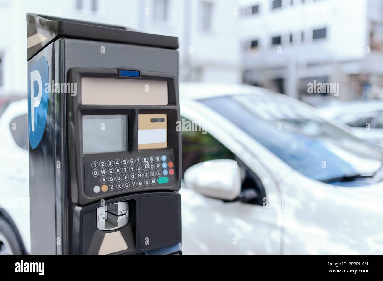 Modern parking meter on city street, closeup. Space for text Stock ...