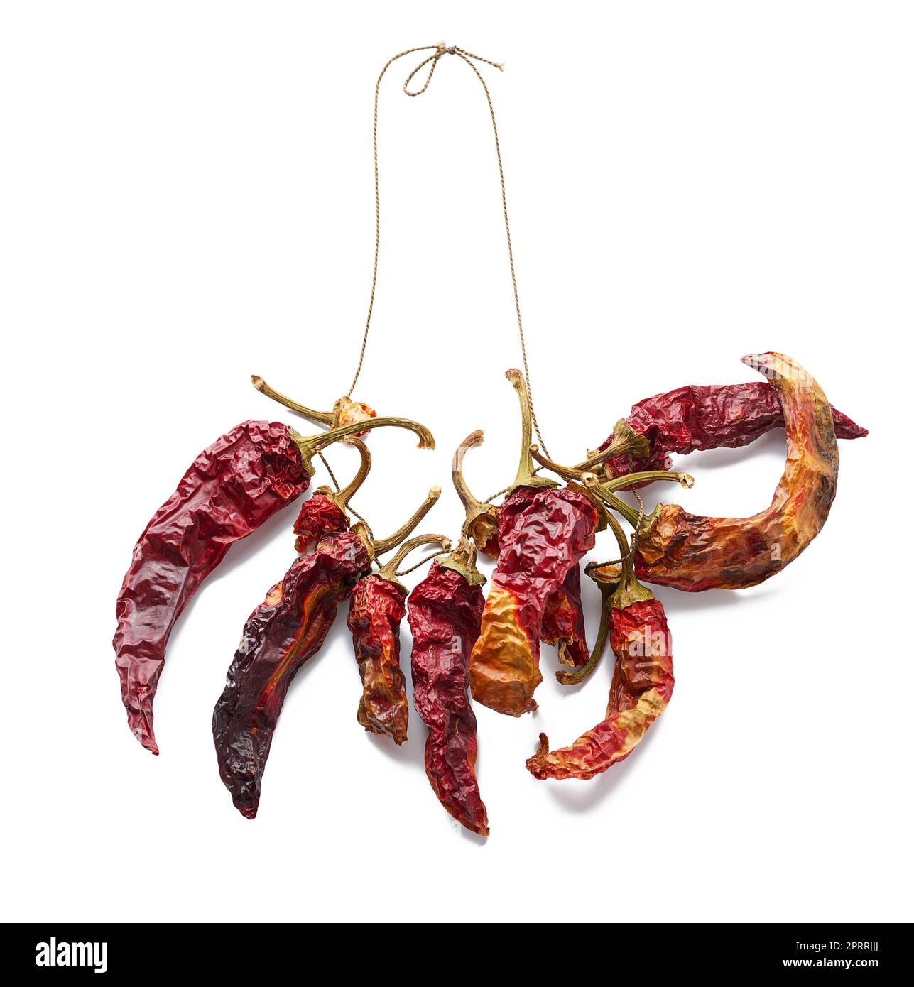 Dry red chili pepper strung on a rope, white isolated background Stock ...