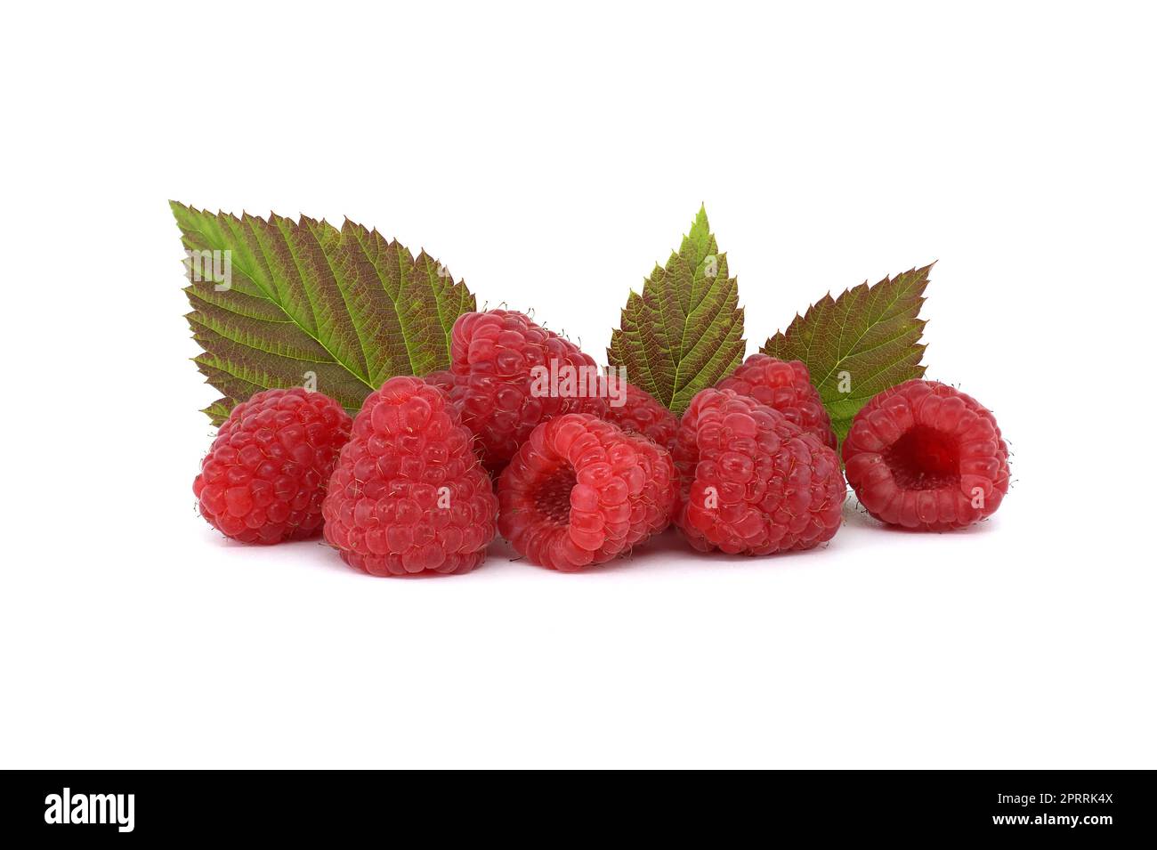 Raspberry fruits with leaves isolated on white Stock Photo - Alamy