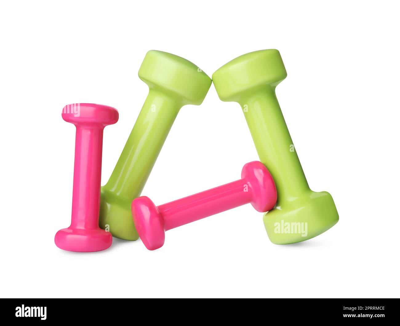 Colorful dumbbells on white background. Weight training equipment Stock ...