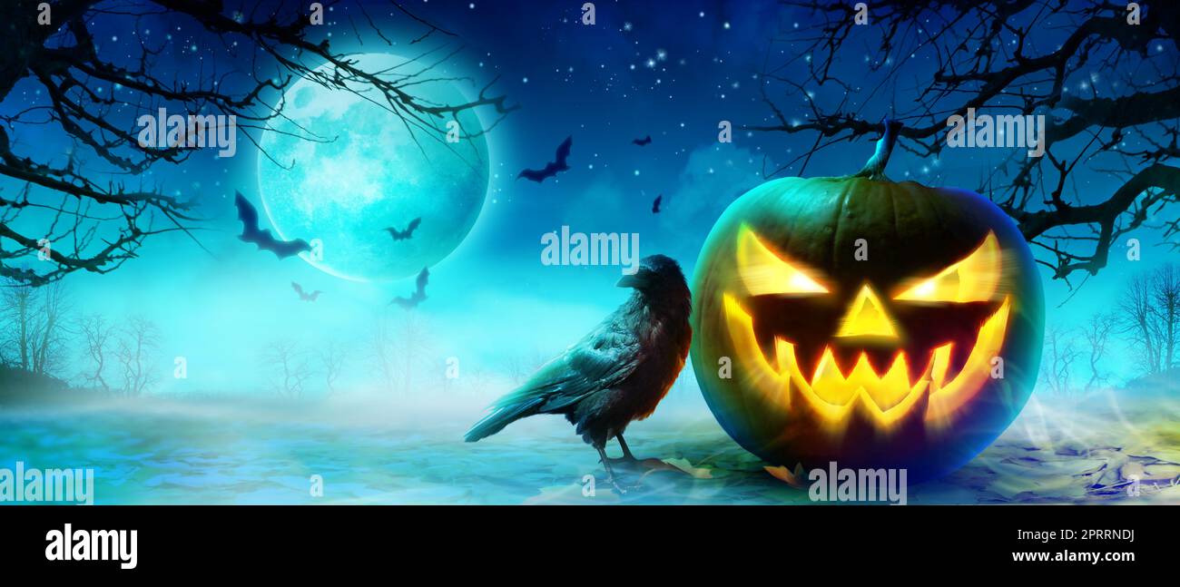 Horror background with scary crow in the darkness Stock Photo - Alamy