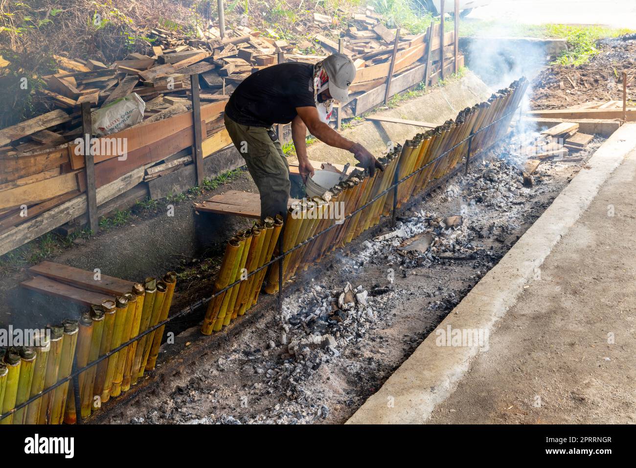 Malaysian man cooking rice in bamboo tube. It is also called Bamboo ...