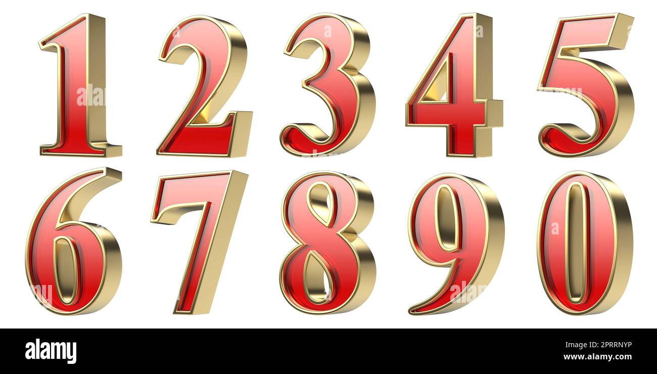 Set of 3D numbers with red glass and golden frame, isolated on white background Stock Photo - Alamy