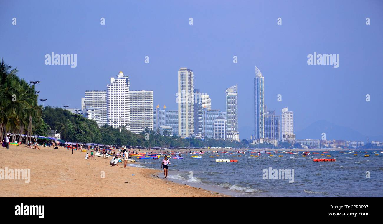 View of Dongtan beach with high rise buildings in the distance at ...