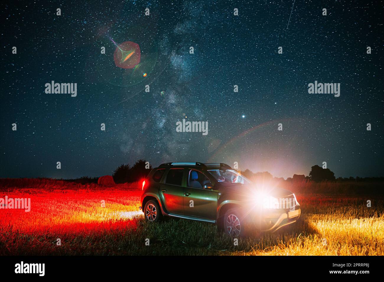 Night Starry Sky With Glowing Stars Above Car SUV In Countryside ...