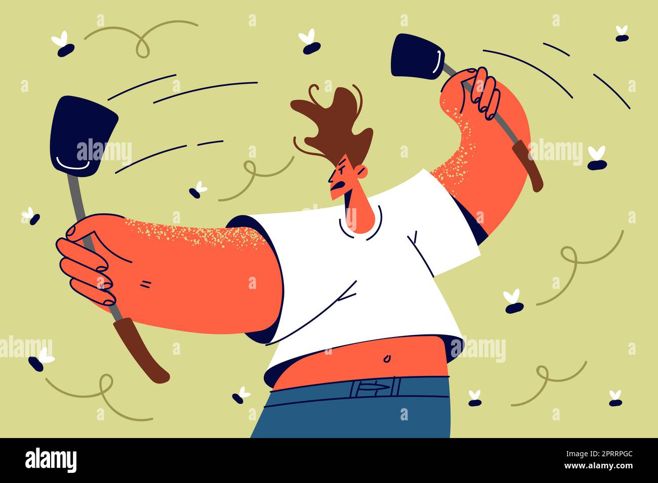 Angry man with fly swatters fight with insects indoors. Unhappy mad guy ...