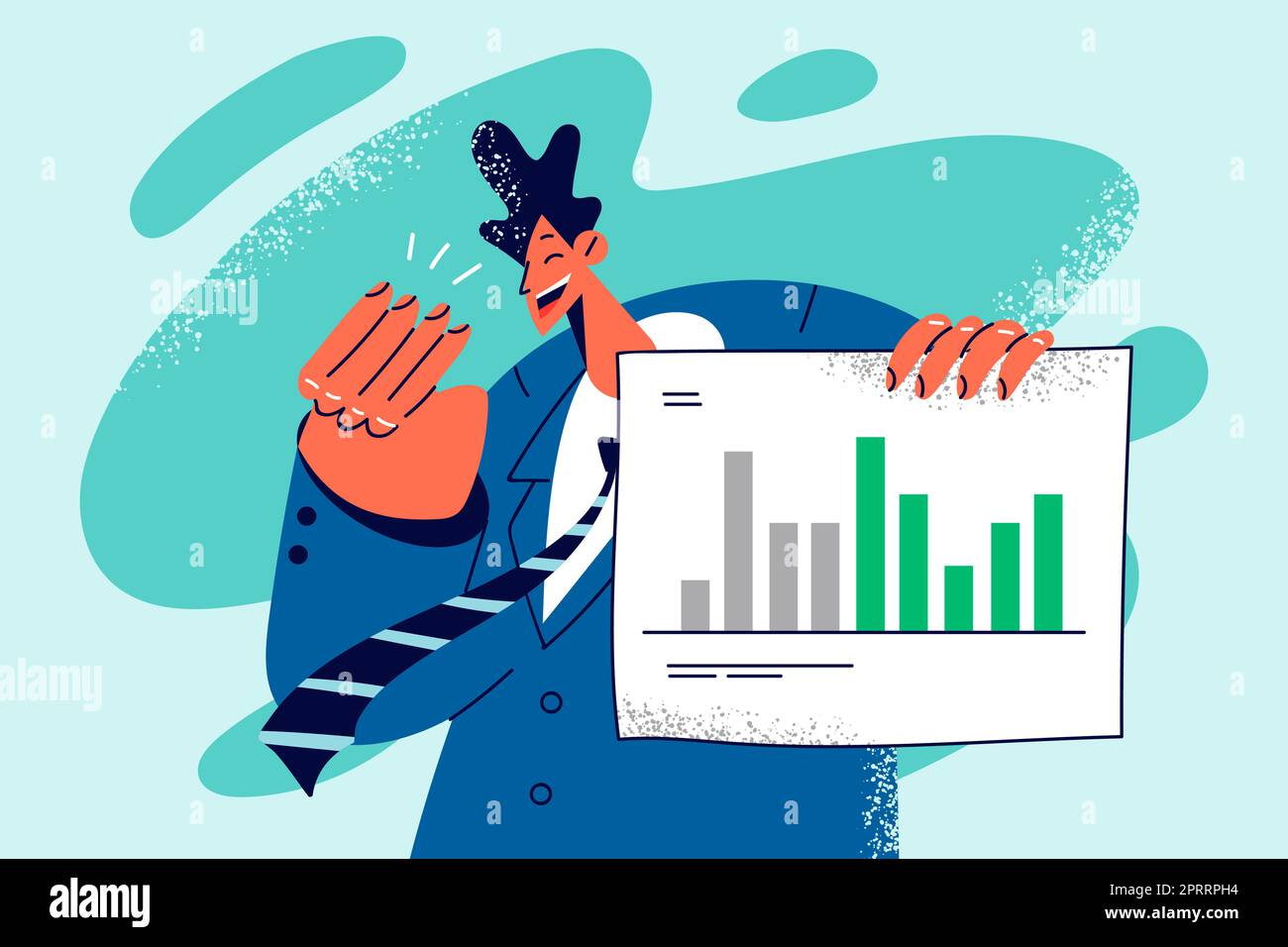 Smiling businessman showing financial graph celebrate good statistics ...
