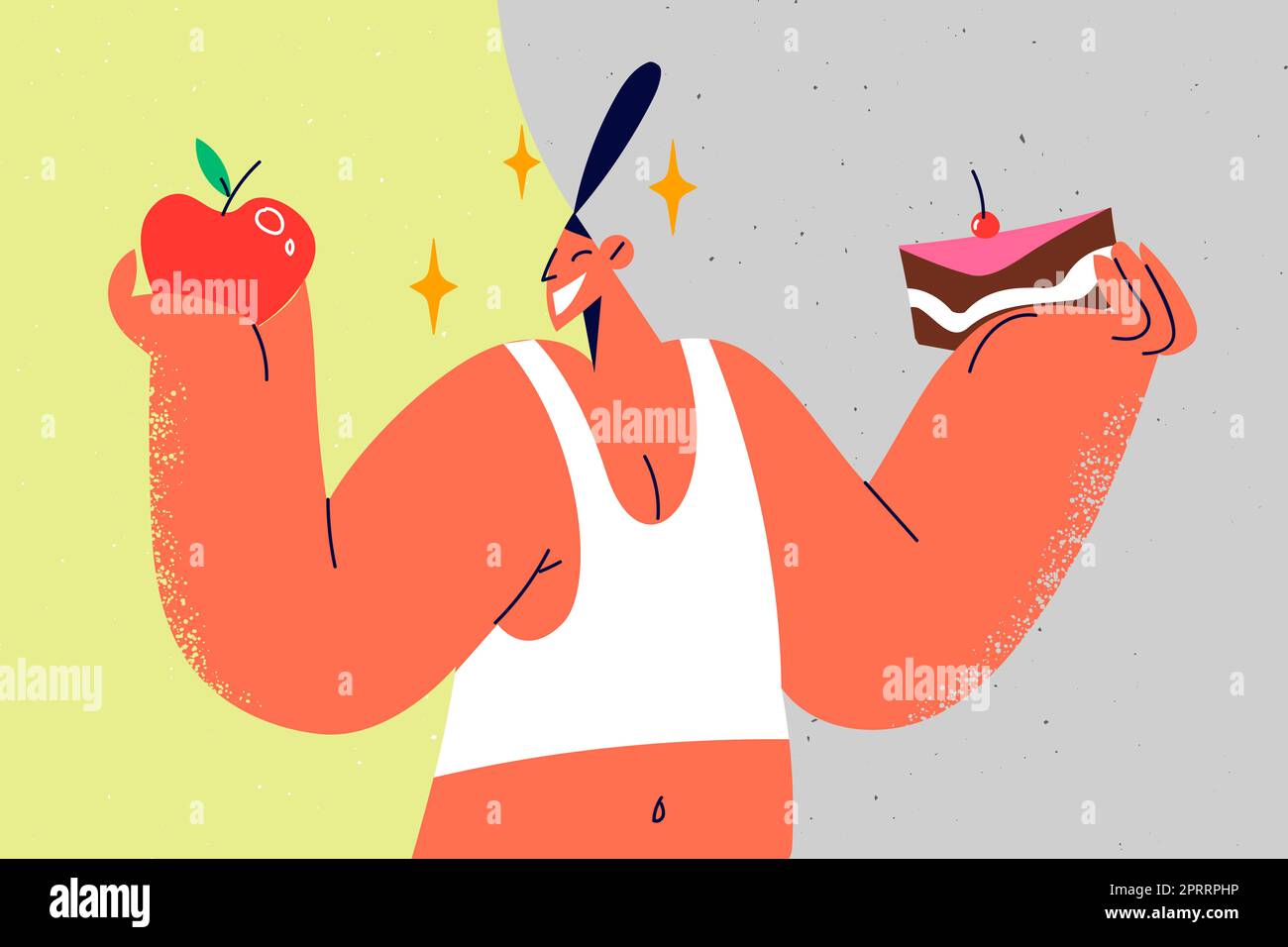 Smiling woman in sportswear holding cake and apple making choice. Happy ...