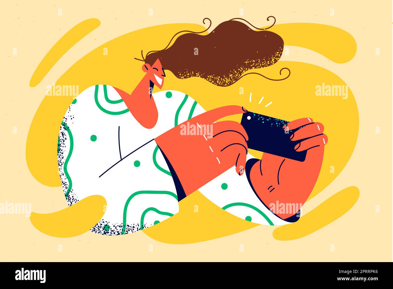 Smiling young woman take self-portrait picture on cellphone. Happy girl ...