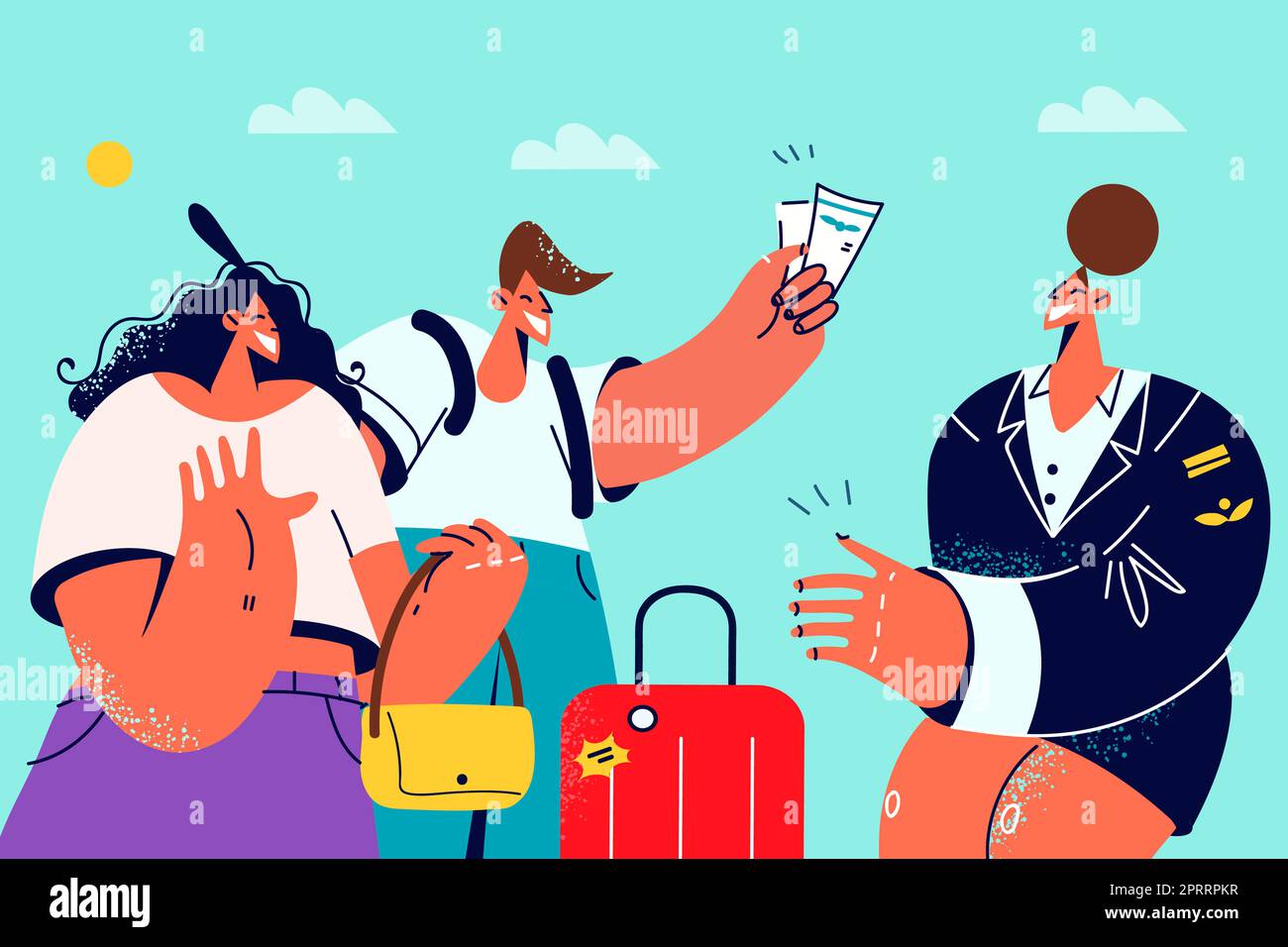 Happy couple travelers give tickets stewardess excited about travel ...