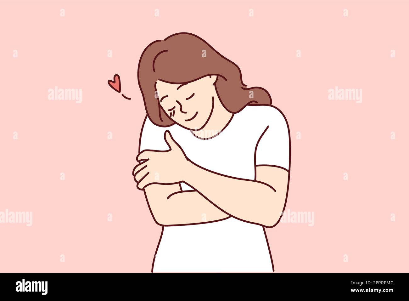 Happy young woman hugging herself show self-love and care. Smiling girl ...