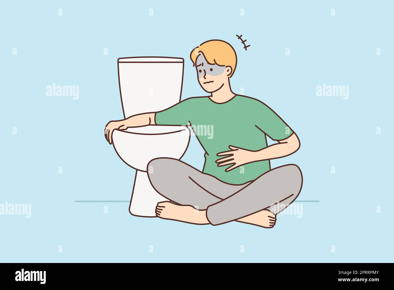 Unhealthy man sit near toilet feeling sick. Unwell ill guy feel nausea ...