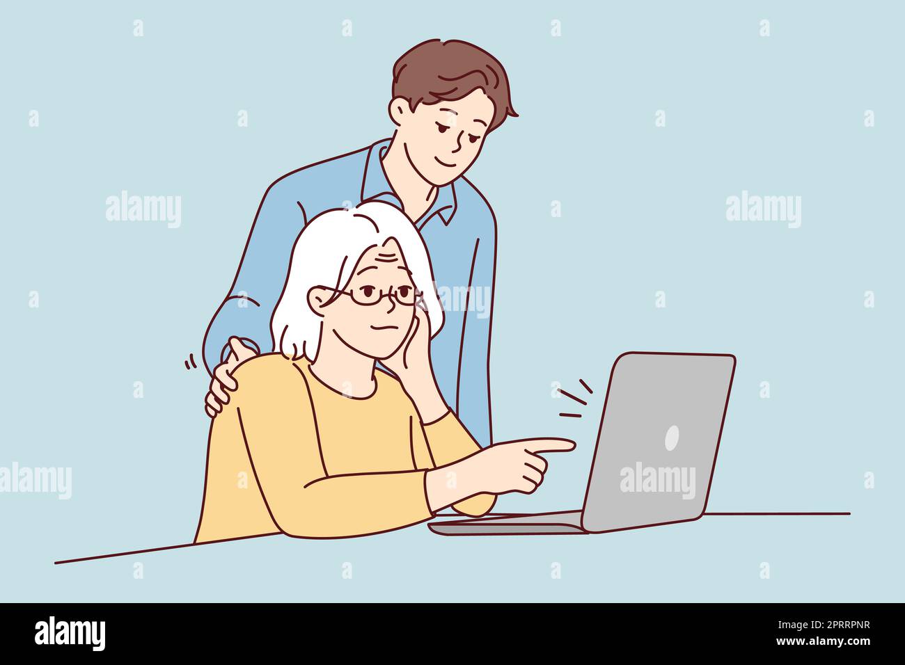 Young guy help old grandmother with laptop work. Mature grandma sit at ...