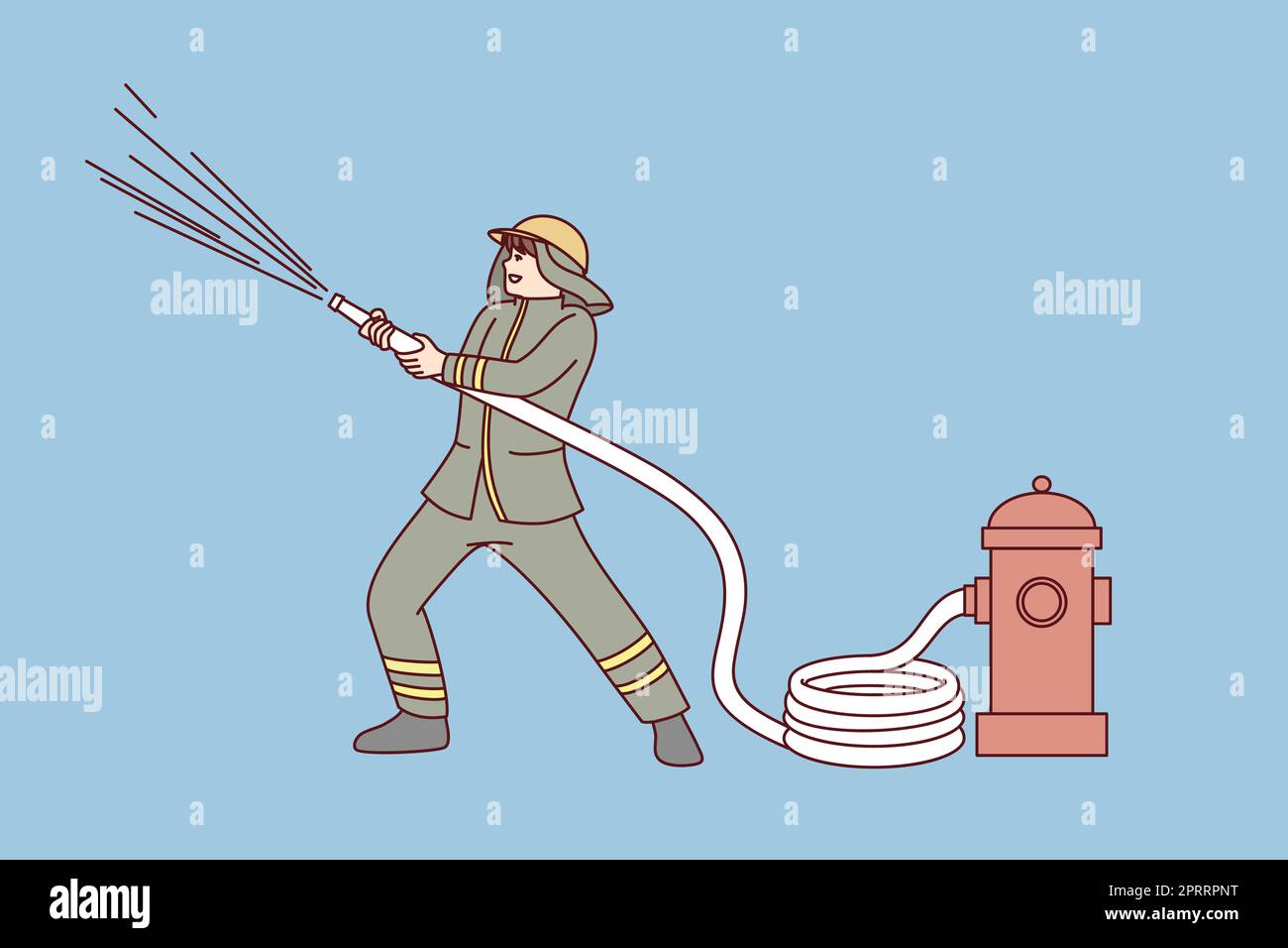 Male fireman with hose pouring water on burning building or house. Man ...