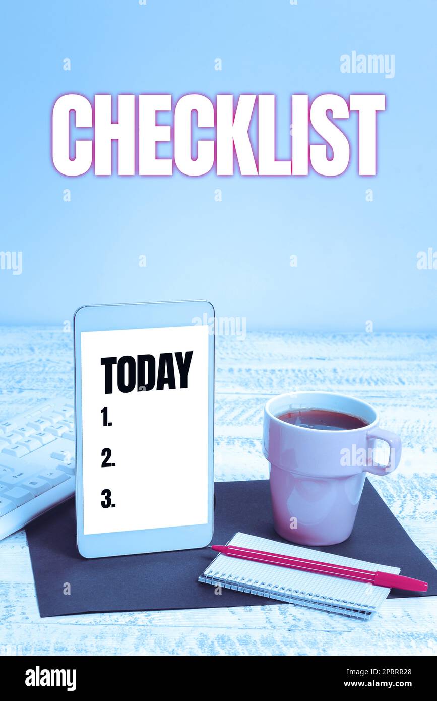 Text sign showing Checklist. Word Written on List down of the detailed ...