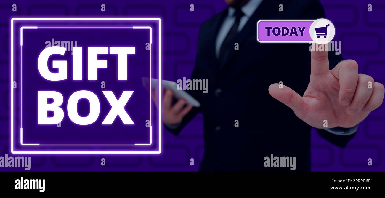 Conceptual caption Gift Box. Word for A small cointainer with designs ...