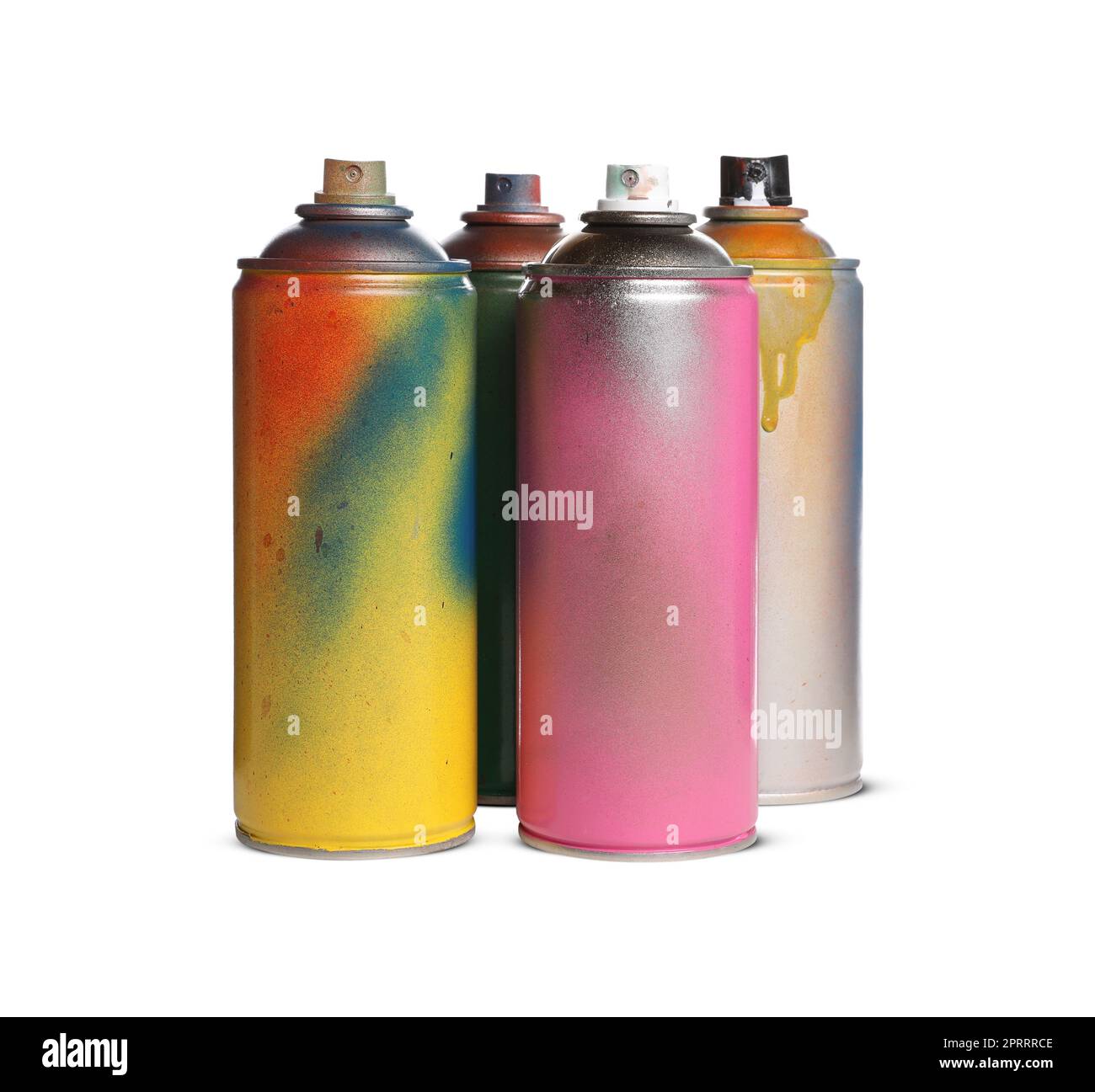 Used cans of spray paints on white background Stock Photo - Alamy