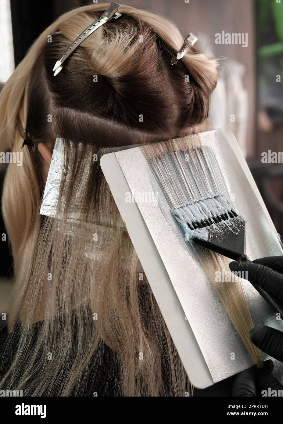 A young woman in a hairdressing salon dyes her hair blond. Hair ...
