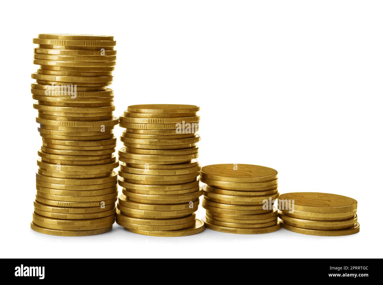 Many golden coins stacked on white background Stock Photo - Alamy