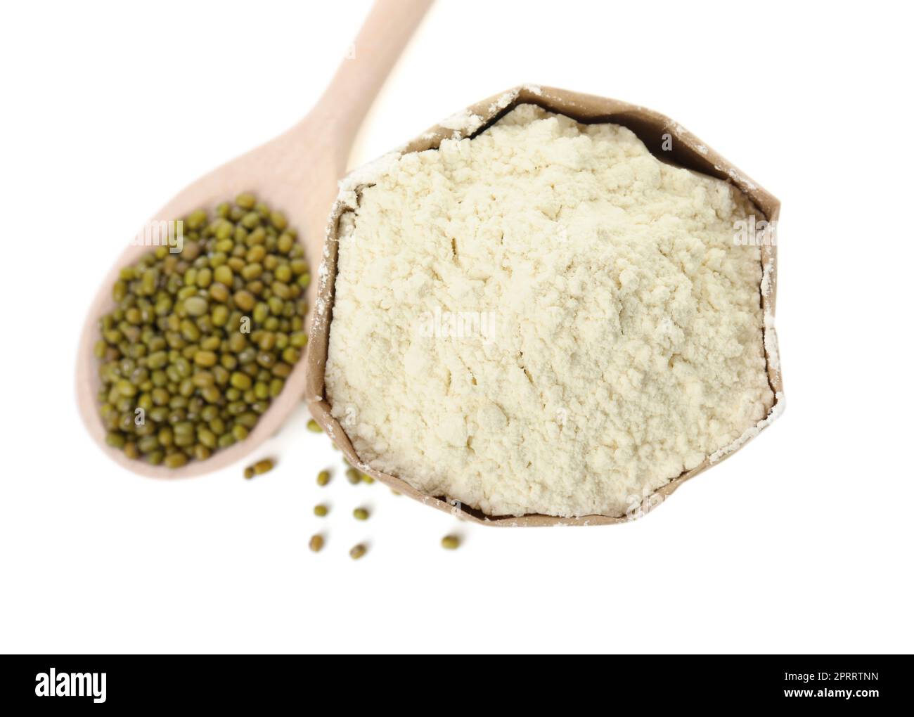 Mung bean flour in paper bag and wooden spoon with seeds isolated on ...