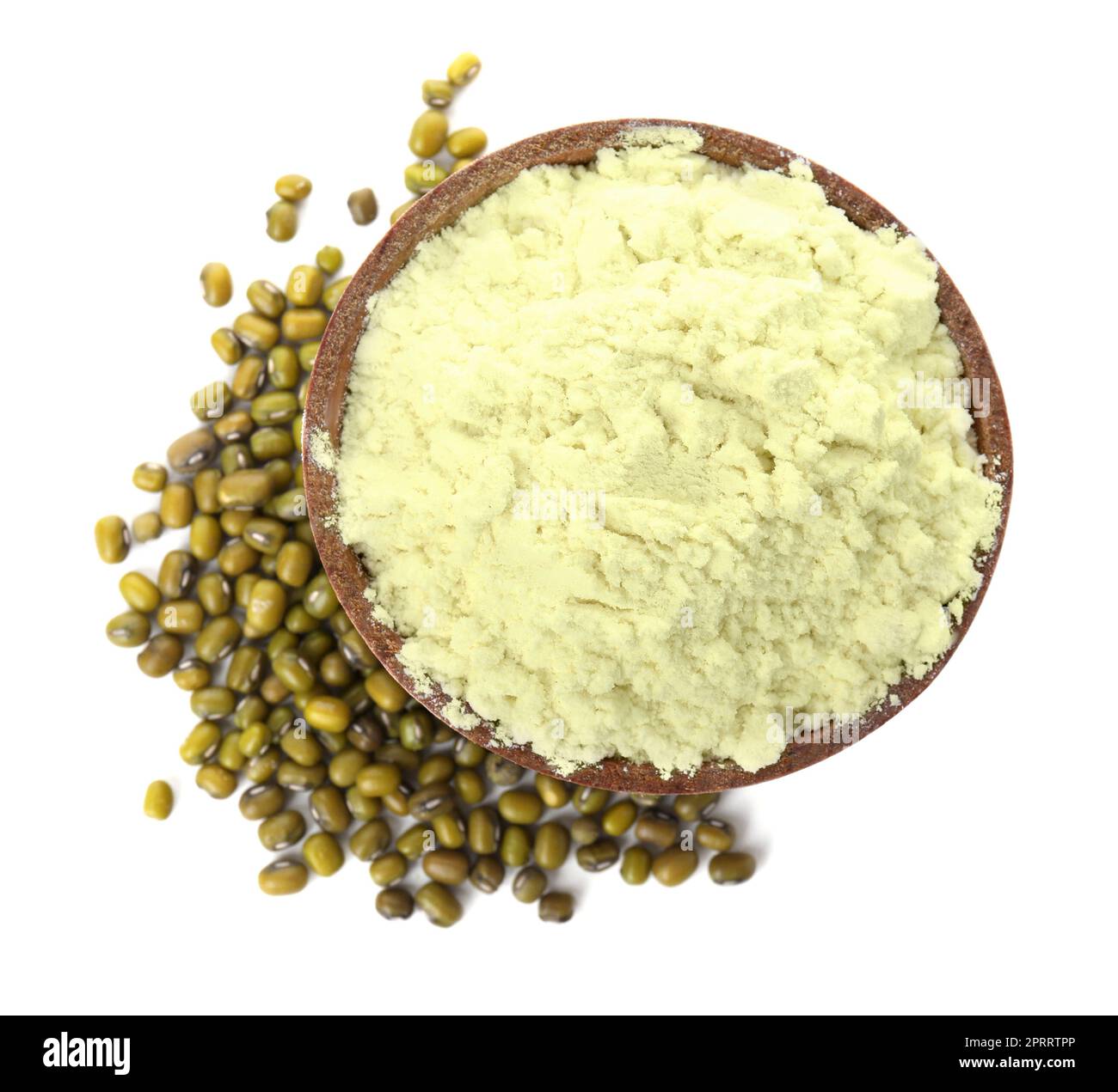 Mung bean flour in wooden bowl and seeds isolated on white, top view ...