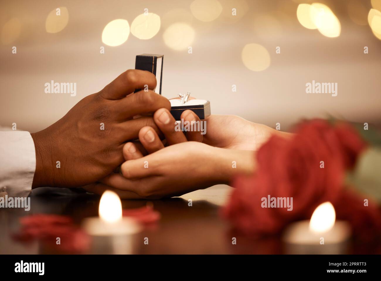 Ring, love and marriage proposal with couple on a romantic date and ...