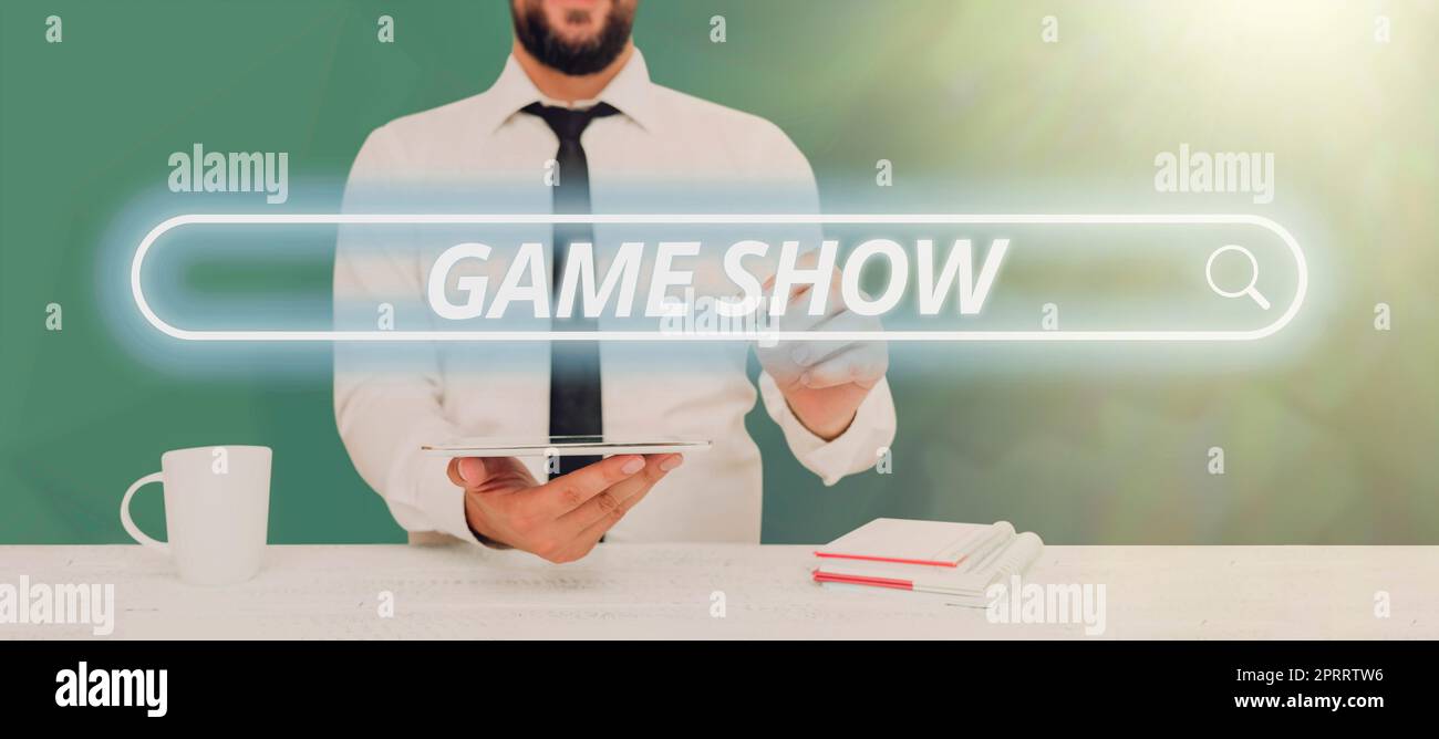 Hand writing sign Game Show. Word for Program in television or radio ...