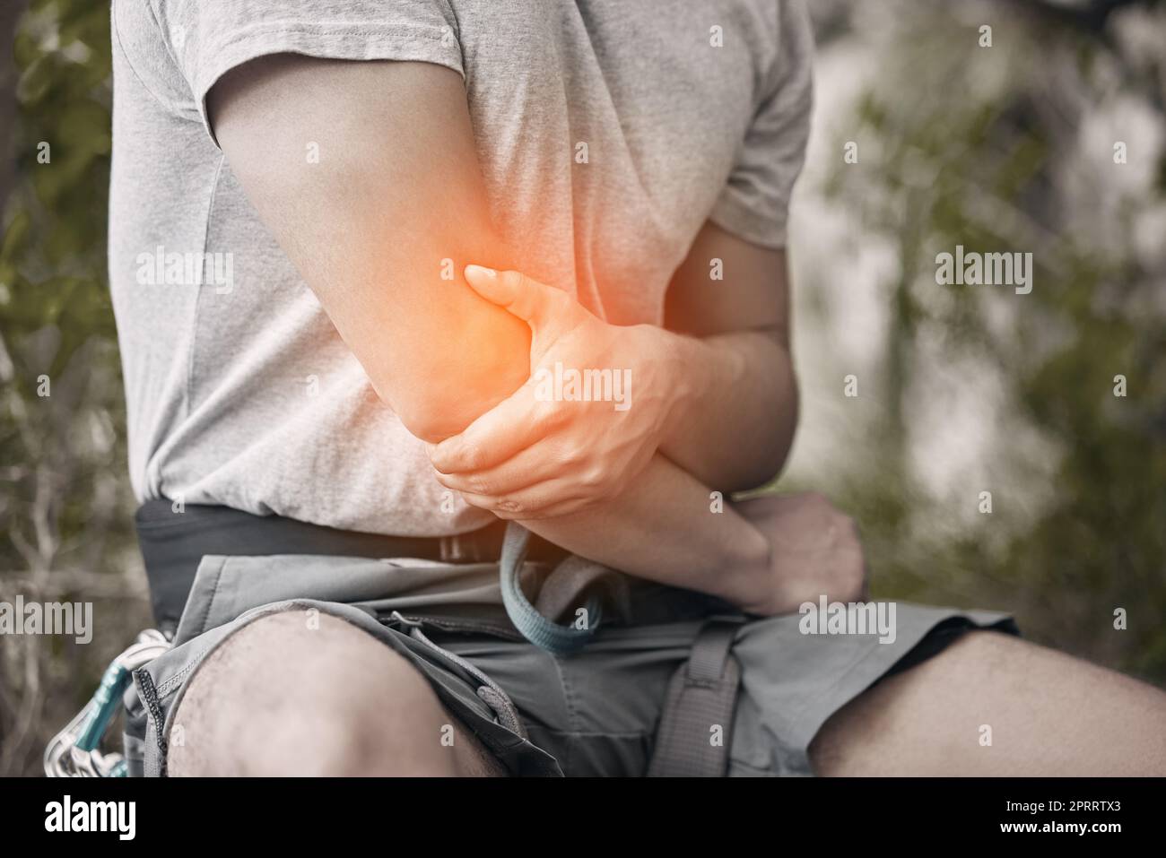 Fitness, injury and hiker with elbow muscle pain of man hiking, workout ...