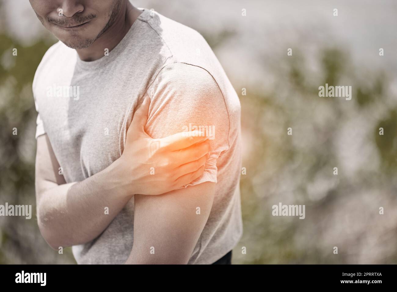 Arm, muscle or pain injury of man during fitness, workout or outdoor ...