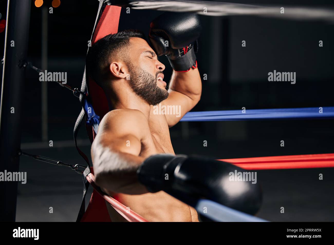 Tired boxer, fitness and sports competition in boxing ring, relax ...