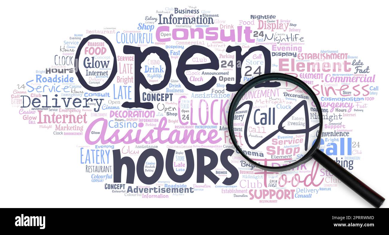 Big word cloud with words open 24 Hours with magnifying glass Stock ...