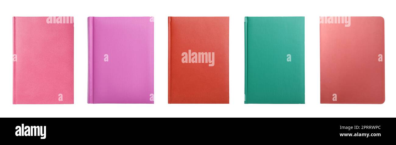 Set with stylish colorful notebooks on white background, top view ...