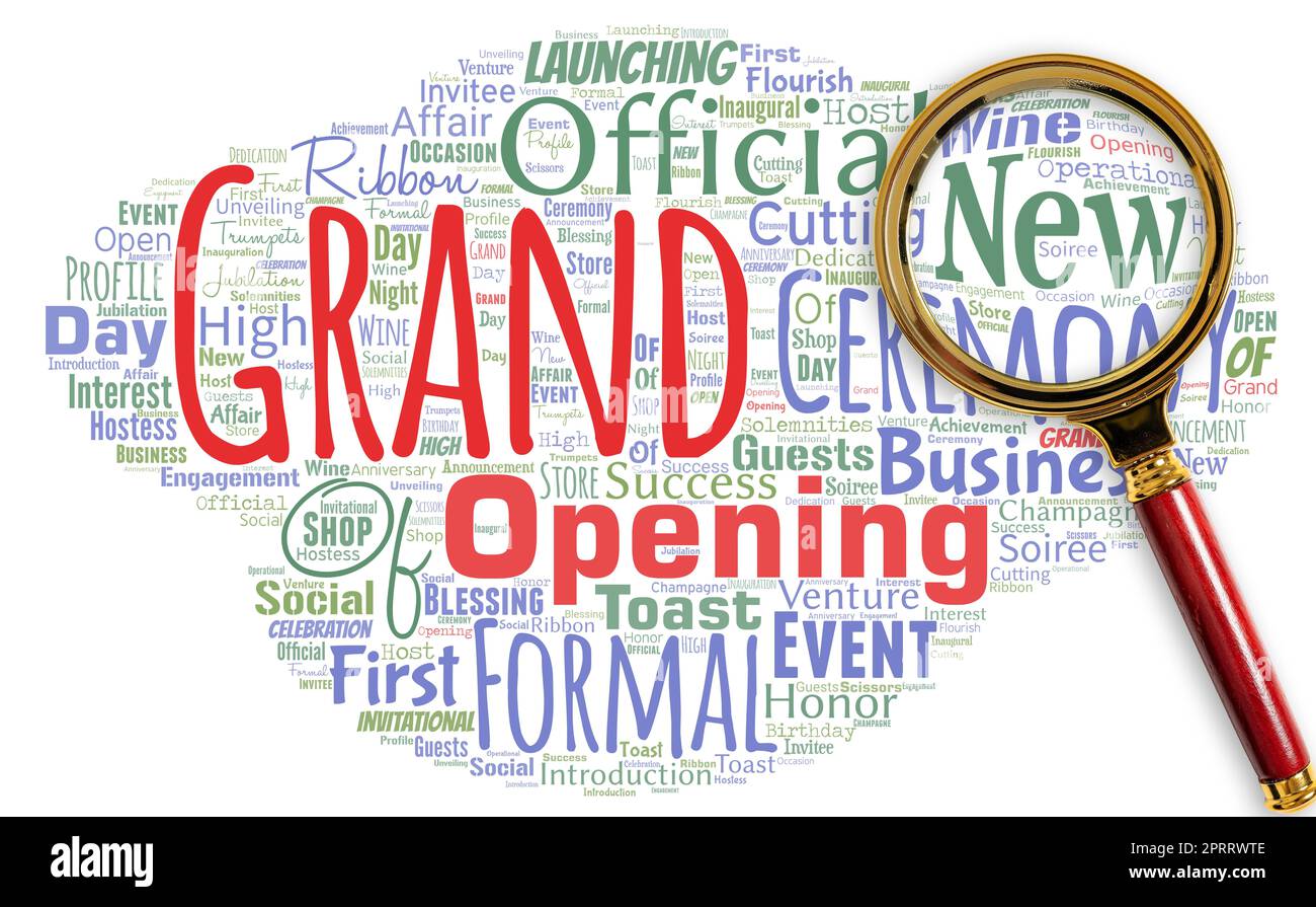 Big word cloud with words grand opening with magnifying glass Stock ...