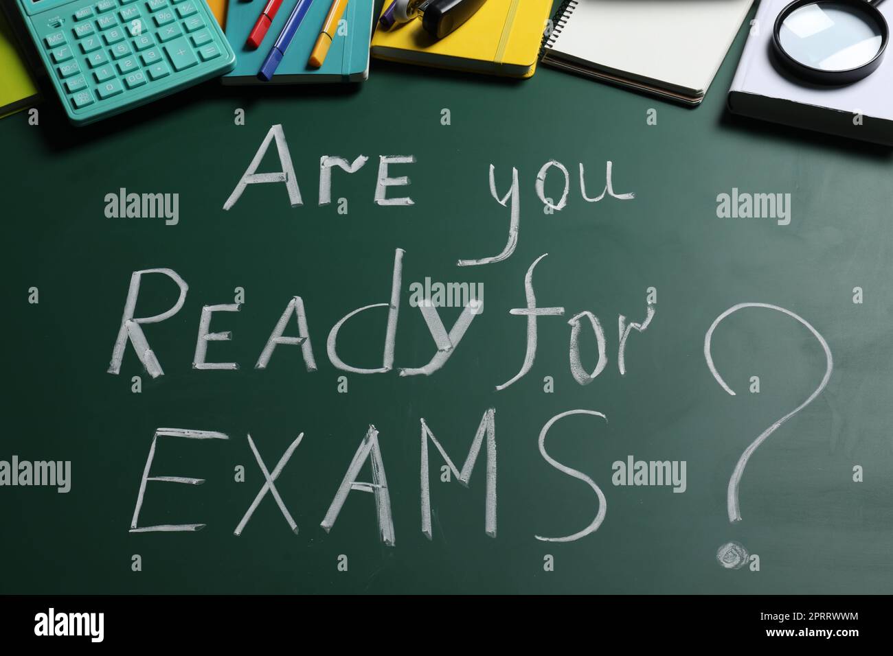 Green chalkboard with phrase Are You Ready For Exams and different ...