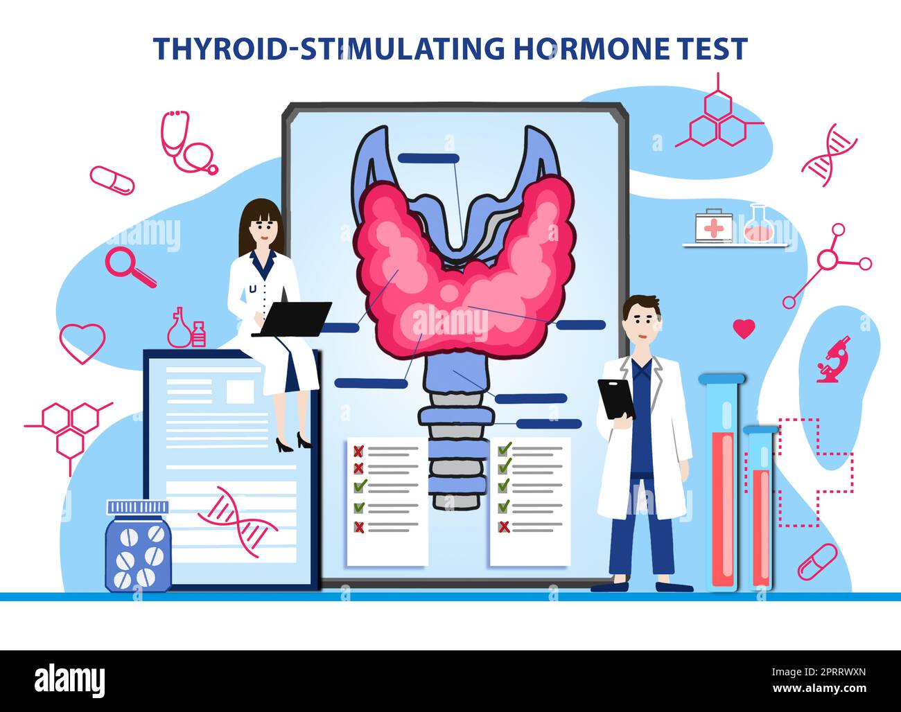 Thyroid-stimulating hormone test. Illustration of doctors, tablet and ...