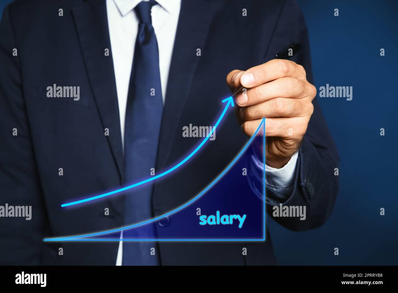 Salary increase concept. Man drawing up arrow on virtual screen ...