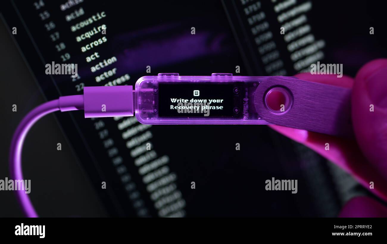 Focus on the screen of an hardware wallet Ledger, the Metamask logo in ...