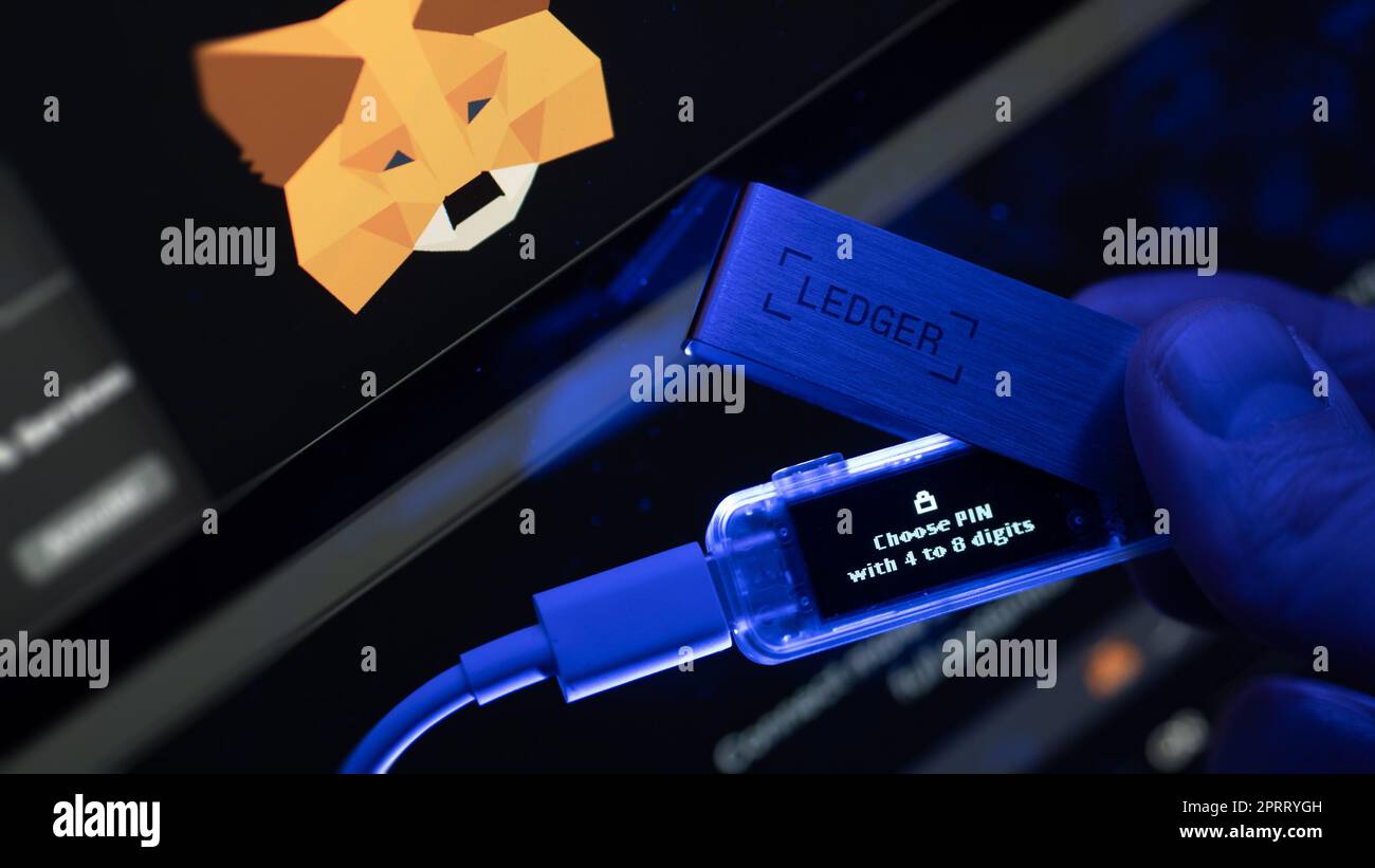 Focus on the screen of an hardware wallet Ledger, the Metamask logo in ...
