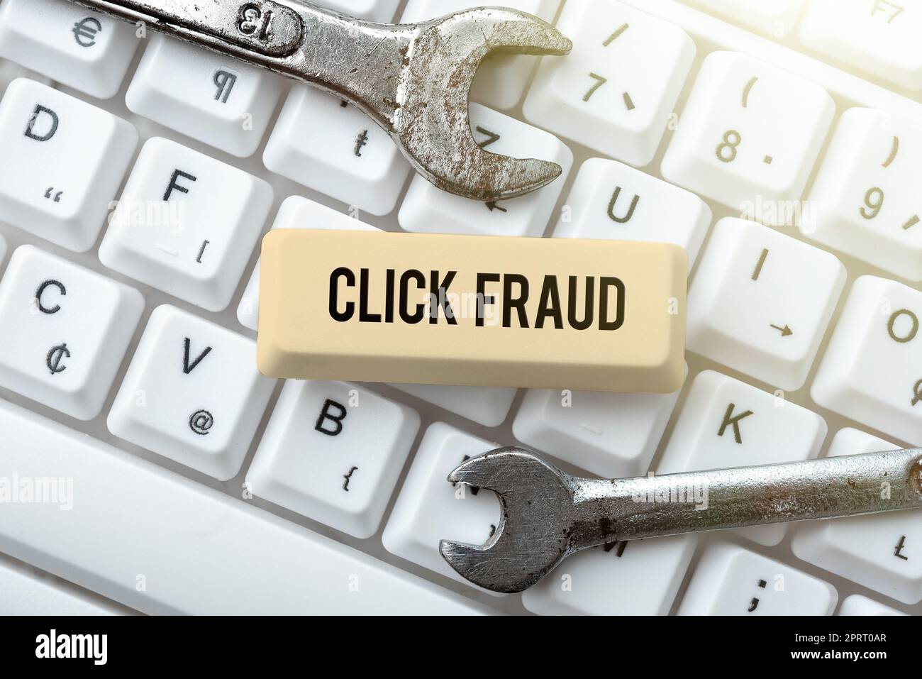 Hand writing sign Click Fraud. Business concept practice of repeatedly ...