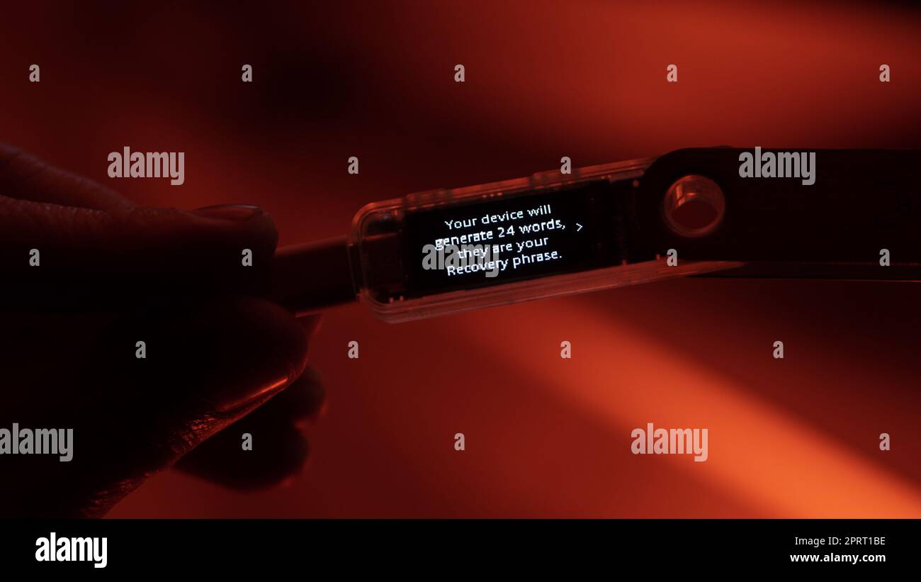 Focus on the screen of an hardware wallet Ledger, the Metamask logo in ...