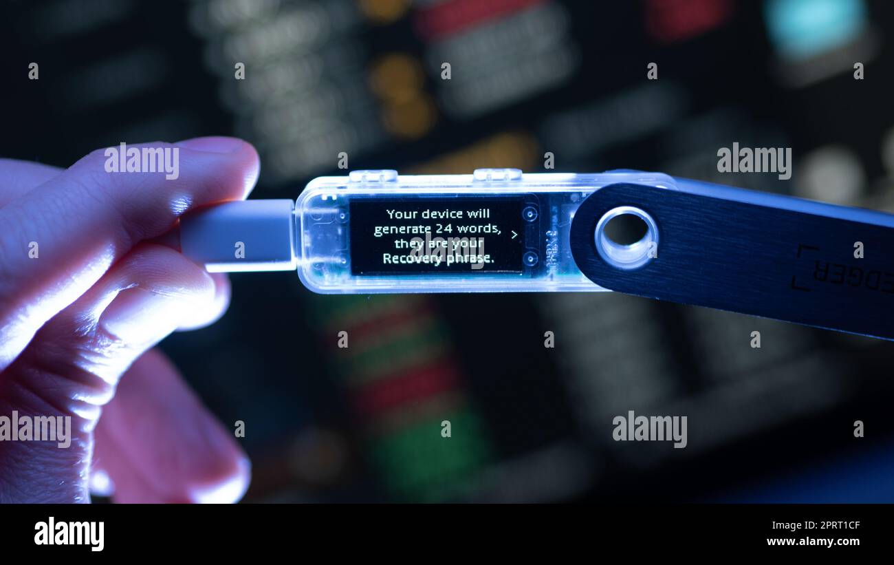 Focus on the screen of an hardware wallet Ledger, the Metamask logo in ...