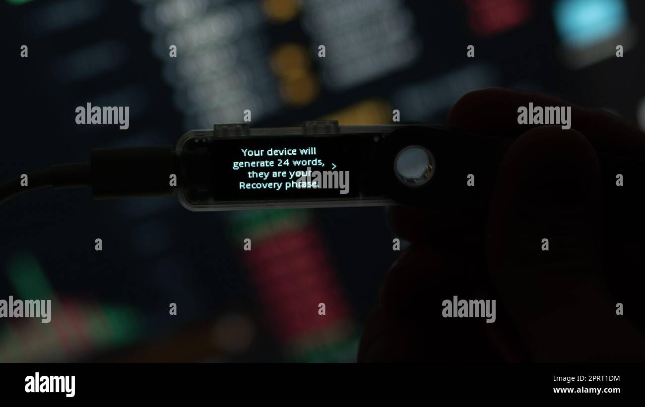 Focus on the screen of an hardware wallet Ledger, the Metamask logo in ...