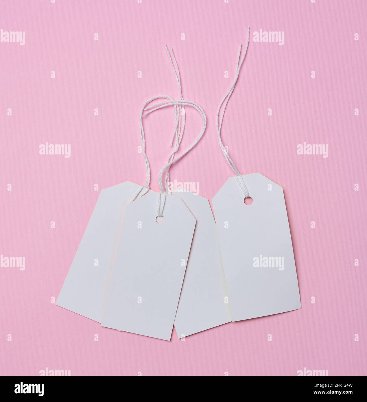 Empty white cardboard tag on a white rope, pink background. Price tag ...