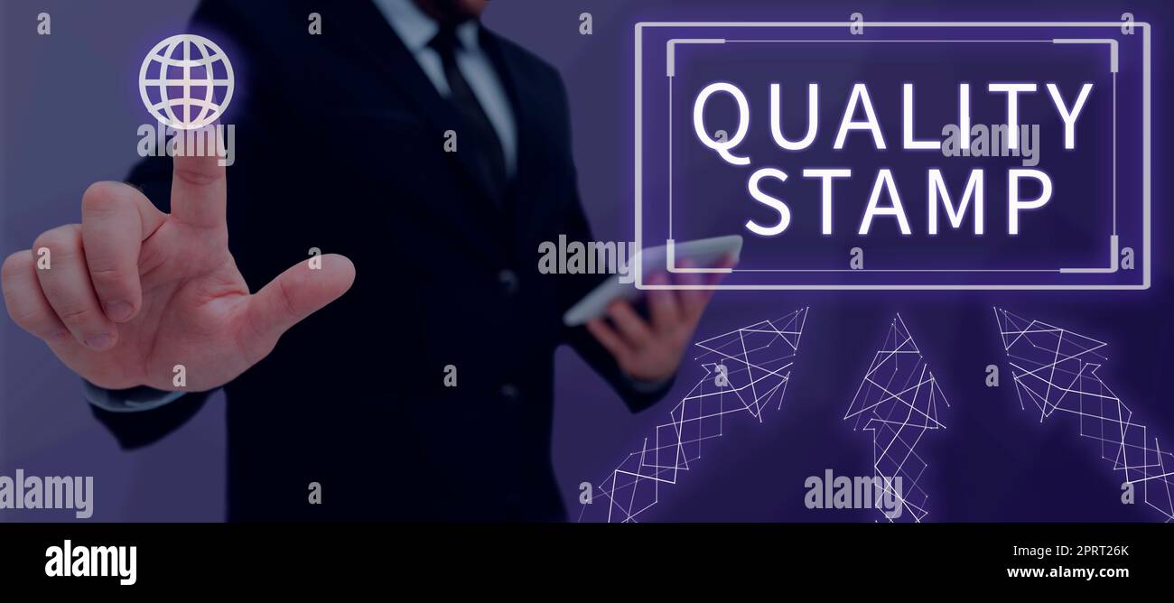 Handwriting text Quality Stamp. Business showcase Seal of Approval Good Impression Qualified ...