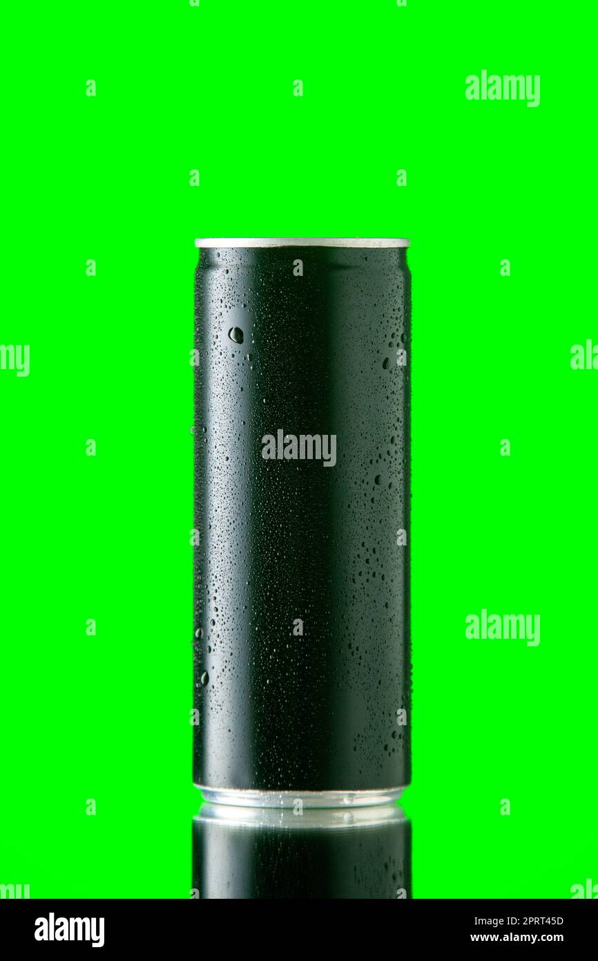 front view aluminium drink can with water drops on neon green ...