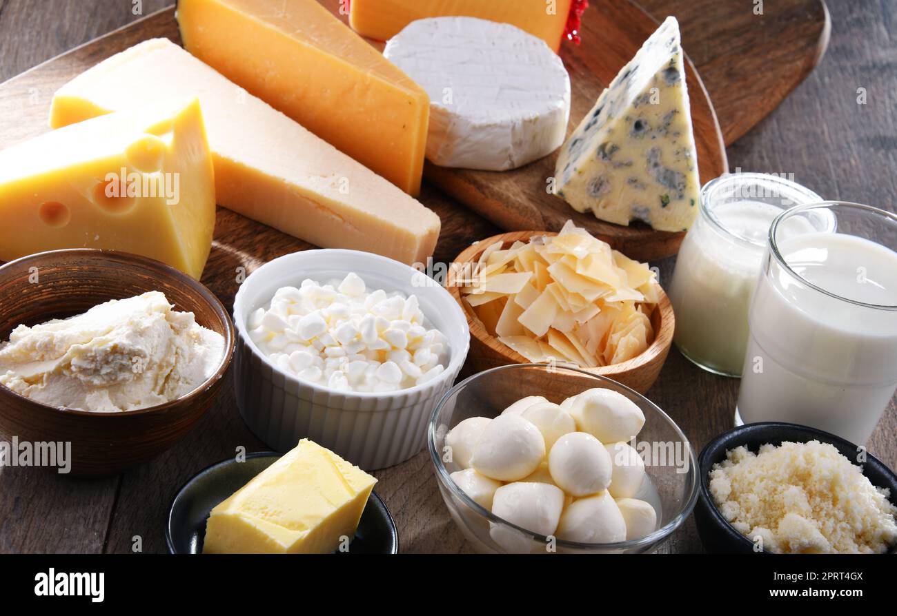 A variety of dairy products including cheese, milk and yogurt Stock ...