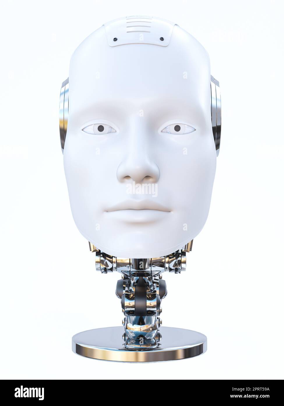 3D rendering of a severed android robot man head with eyes open on a ...