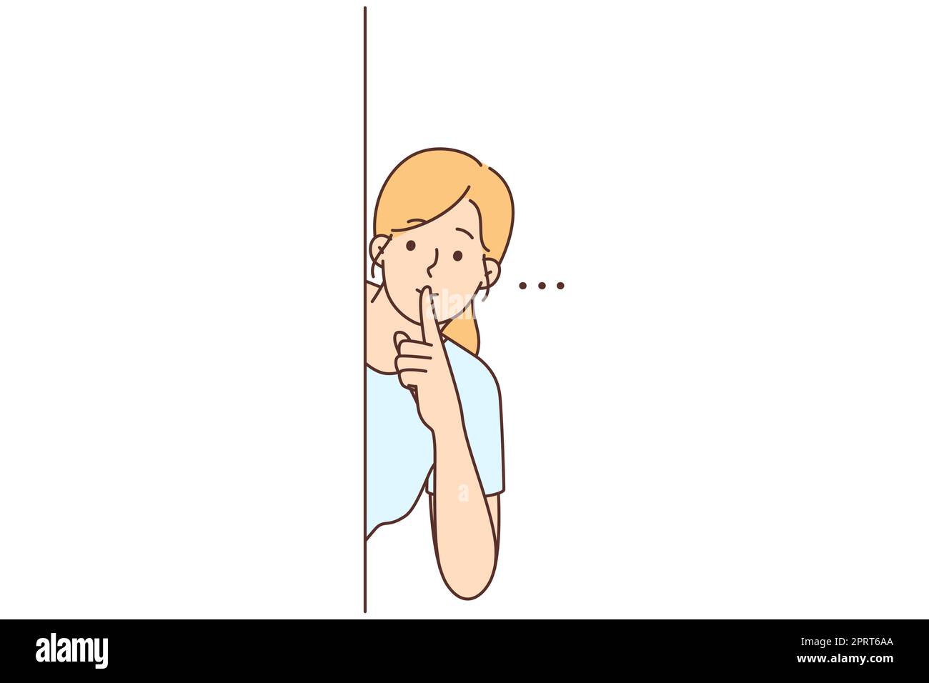 Young woman peek behind wall show hush hand gesture. Millennial girl ...