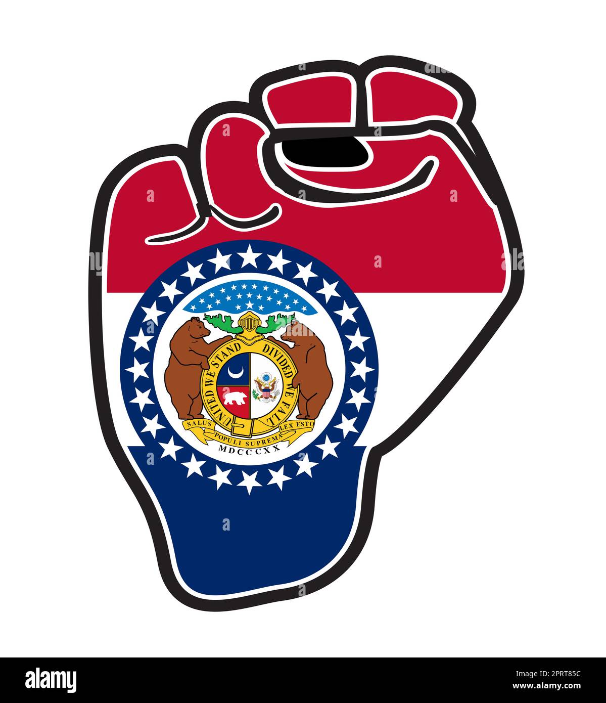 A black outline power fist over the Missouri state flag icons isolated ...